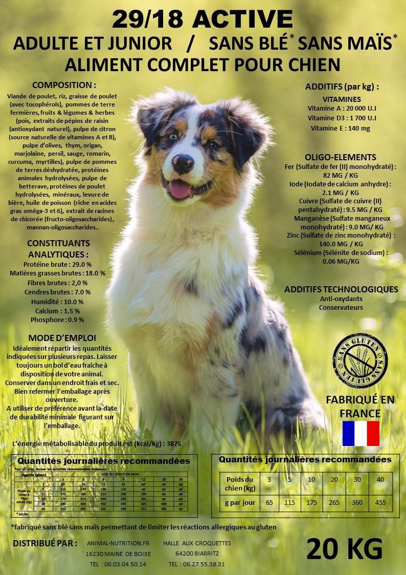 Croquette chien - Active 29/18 sans ble-sans mais | Animal Nutrition